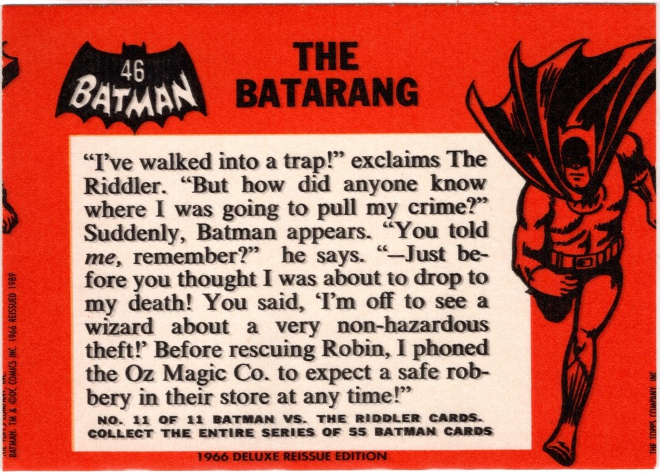 Batman 1989 Topps (1966 Deluxe Reissue Edition) Card #46 The Bat-A-Rang ...