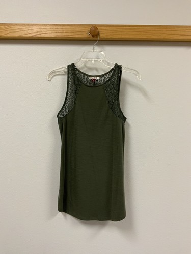 S O Womens Army Green Polyester Rayon Tank Top Lace Trim Split Back ...