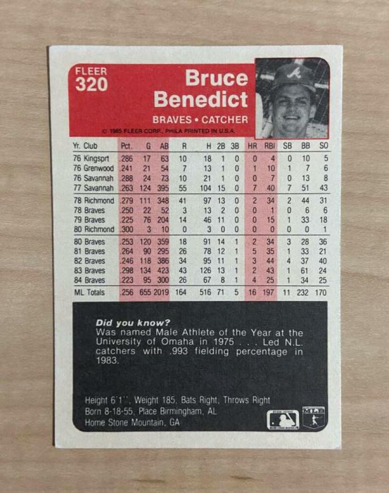 BRUCE BENEDICT ATLANTA BRAVES SIGNED AUTOGRAPHED 1985 FLEER CARD #320 W ...