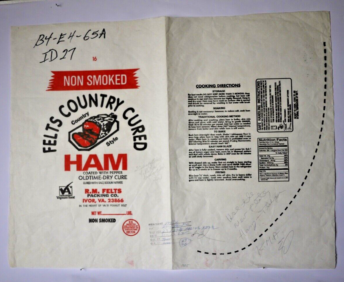 Vintage Paper Sack Bag - FELTS COUNTRY HAM, R M FELTS, IVOR VIRGINIA ...