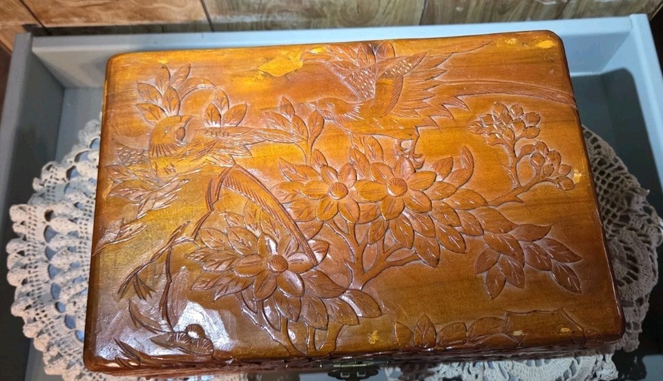 Asian Hand Carved Camphor Wood Box Birds and Flowers Vintage | eBay