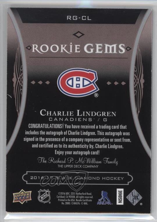 2016-17 Black Diamond Rookie Gems Pure Signatures /199 Charlie Lindgren Auto RC | eBay