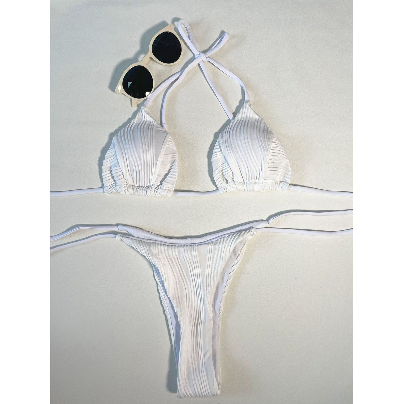 Swimsuit 2 Piece Halter Neck Side Swimwear Bath Swim Suit Bikini(White ...