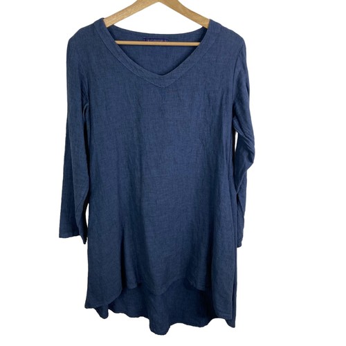 Cut loose tunic dress women sz XS Navy blue linen blend lagenlook gauze ...