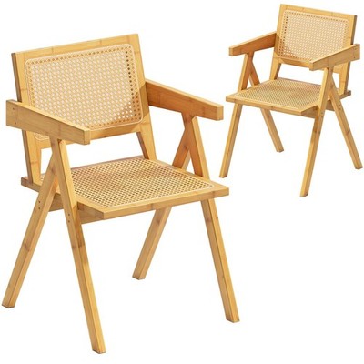 Rattan Chairs Set of 2, Bamboo Rattan Dining Chair, Solid Wood Comfy ...