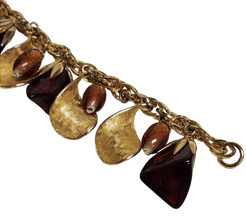 Vintage 1960's Gold Tone Brown Lucite Art Glass & Pod Rope Chain Charm ...