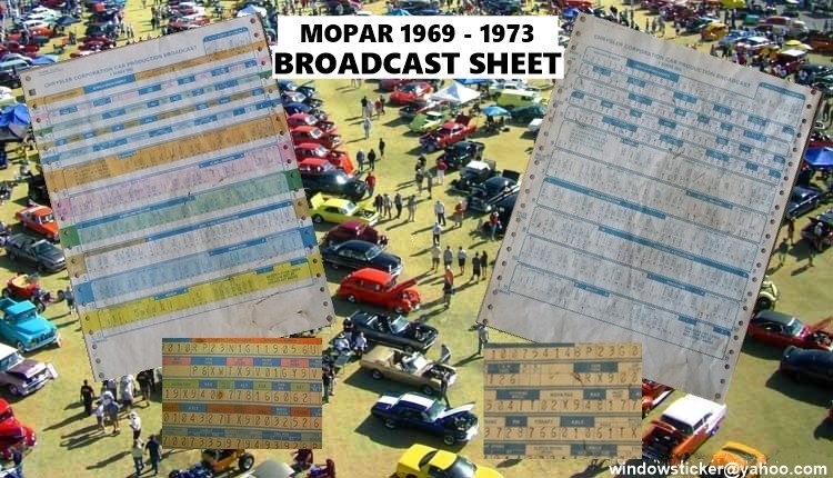 MOPAR BROADCAST SHEET 1968 69 70 71 72 73 4 Charger Challenger Cuda ...
