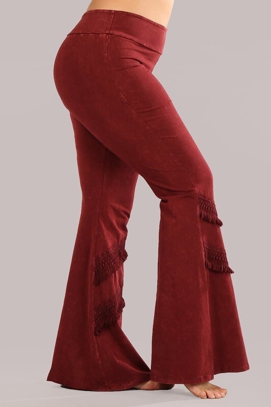 Plus Size Mineral Wash Fringed Bell Bottom Burnt Clay 1XL | eBay