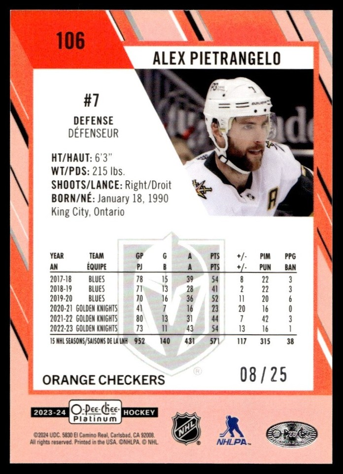 2023-24 O-Pee-Chee Platinum Orange Checkers Alex Pietrangelo 08/25 ...