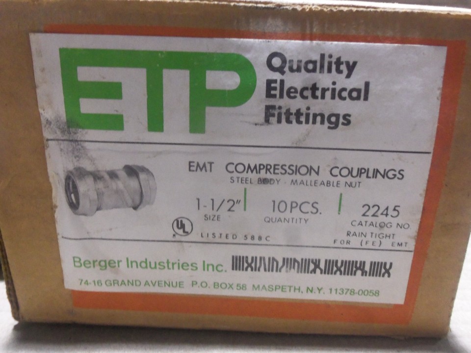 NEW BOX OF 10 ETP 2245 1-1/2" EMT STEEL BODY COMPRESSION COUPLINGS RAIN ...