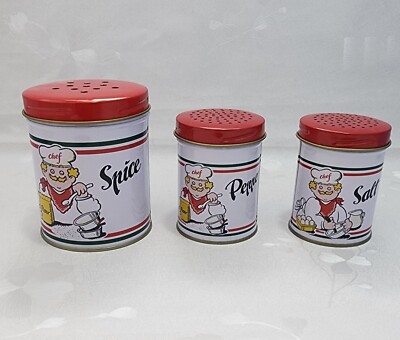 Metal Tin Cans Condiments Shaker Set Of 3 Spice Salt Pepper | eBay