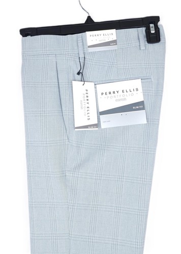 Perry Ellis Men's Slim-Fit Lightweight Dress Pants Light Grey Plaid ...