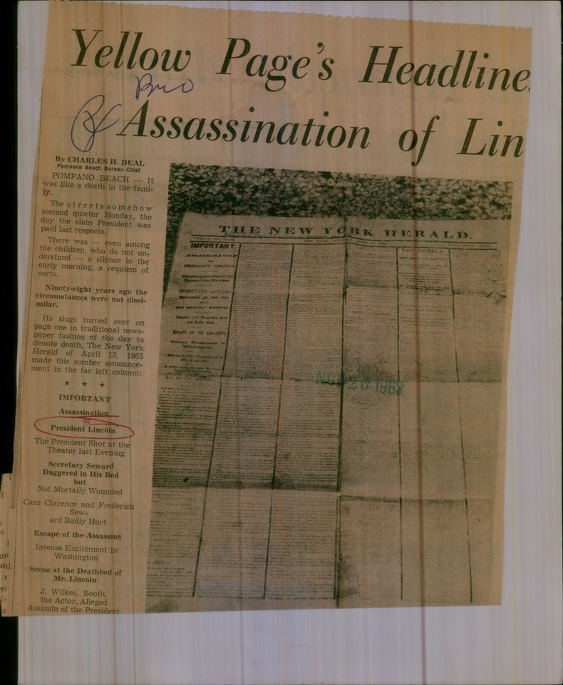 LG873 1963 Orig Photo ABRAHAM LINCOLN ASSASSINATED Historic Newspaper ...