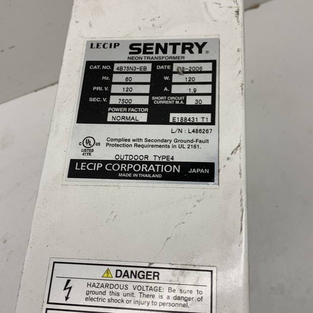 Lecip Sentry 4B75N3-EB Neon Tube Sign Transformer 120V to 7500V 30mA ...