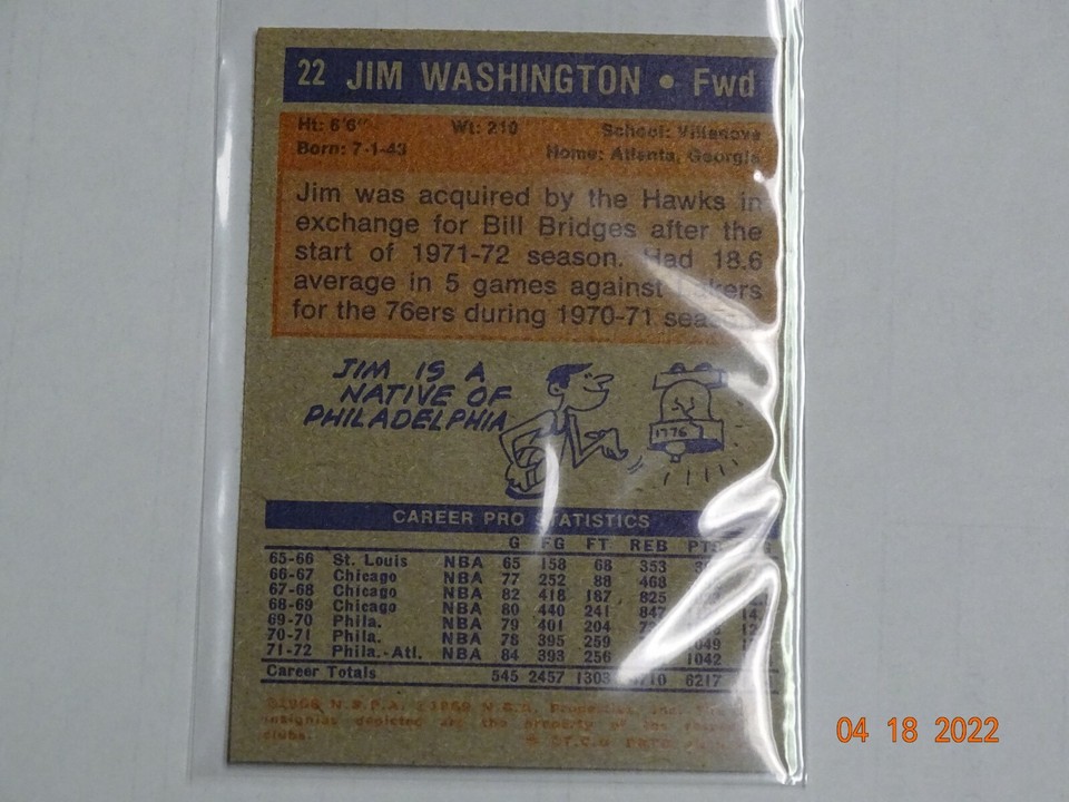 1972 Topps Basketball Cards #22 Jim Washington | eBay