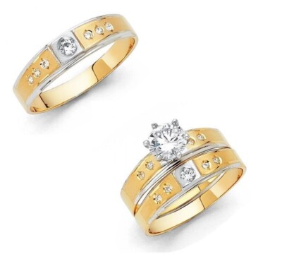 14K Two Tone Gold Trio Wedding Engagement band Bridal Ring Set Anillo ...