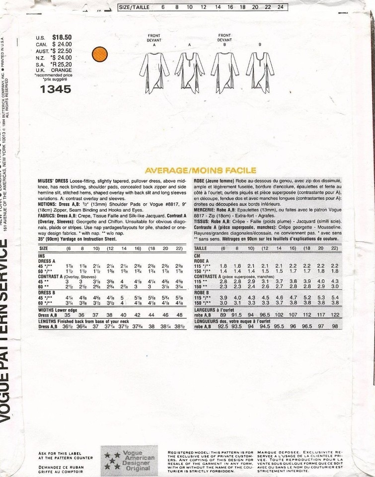 1990's VOGUE American Designer Tom & Linda Platt Dress Pattern 1345 18 ...