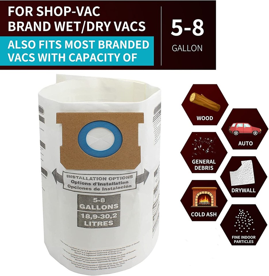 3 Pack For Shop-Vac 90661 Bag Type E / H for 5-8 Gallon Vacuum ...