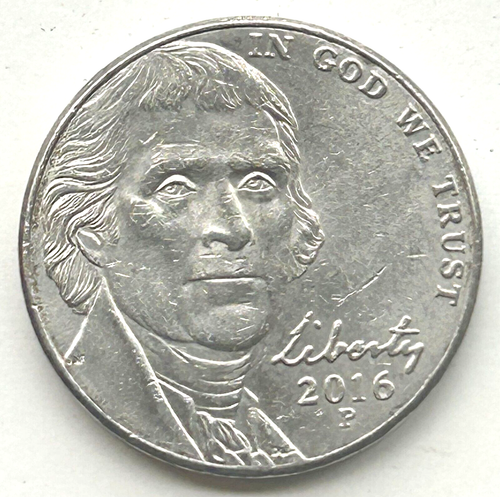 2016 P Jefferson Mont. Nickel Die Chip Obverse "Liberty" Circ Wt 4.96g ...