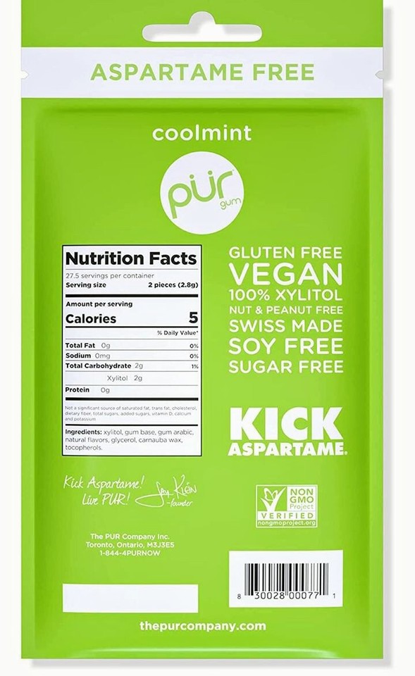 PUR Xylitol Chewing Gum COOLMINT (55 Pieces, 6 Pack) Sugarless Vegan ...