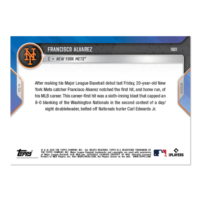 2022 Topps NOW Francisco Alvarez Call-Up #1021 ~ New York Mets ~ PR ...
