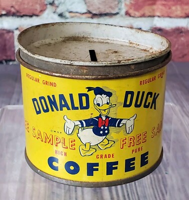 Vintage Donald Duck Coffee Sample Tin Can Bank 1950s 3 Oz Goyer | eBay