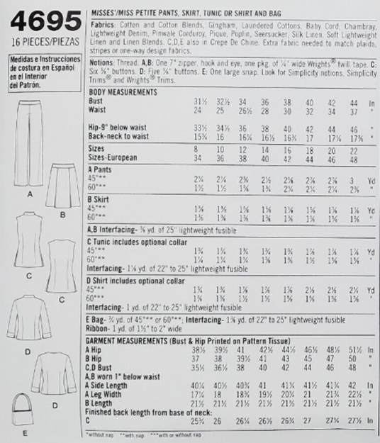 Simplicity 4695 Sewing Pattern Womens Sz 16-22 Pants Skirt Tunic Shirt ...