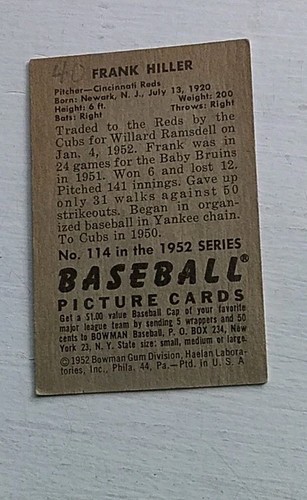 1952 Bowman #114 Frank Hiller RC Rookie Reds (Writing) | eBay