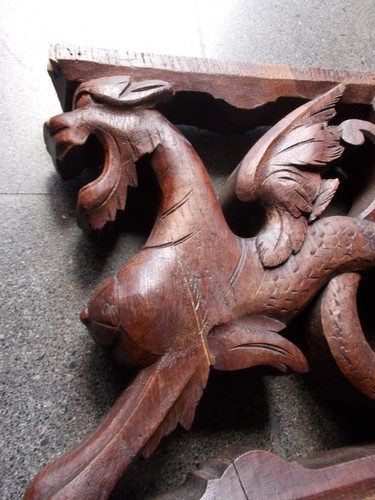Pair of Antique hand Carved Wood Corbel Gothic winged Gargoyle Chimera ...