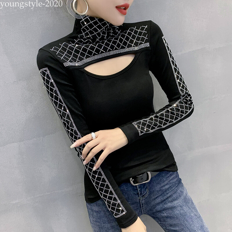 Women Sexy Rhinestone Mesh Sheer Mock Neck Party Club Slim Tops ...