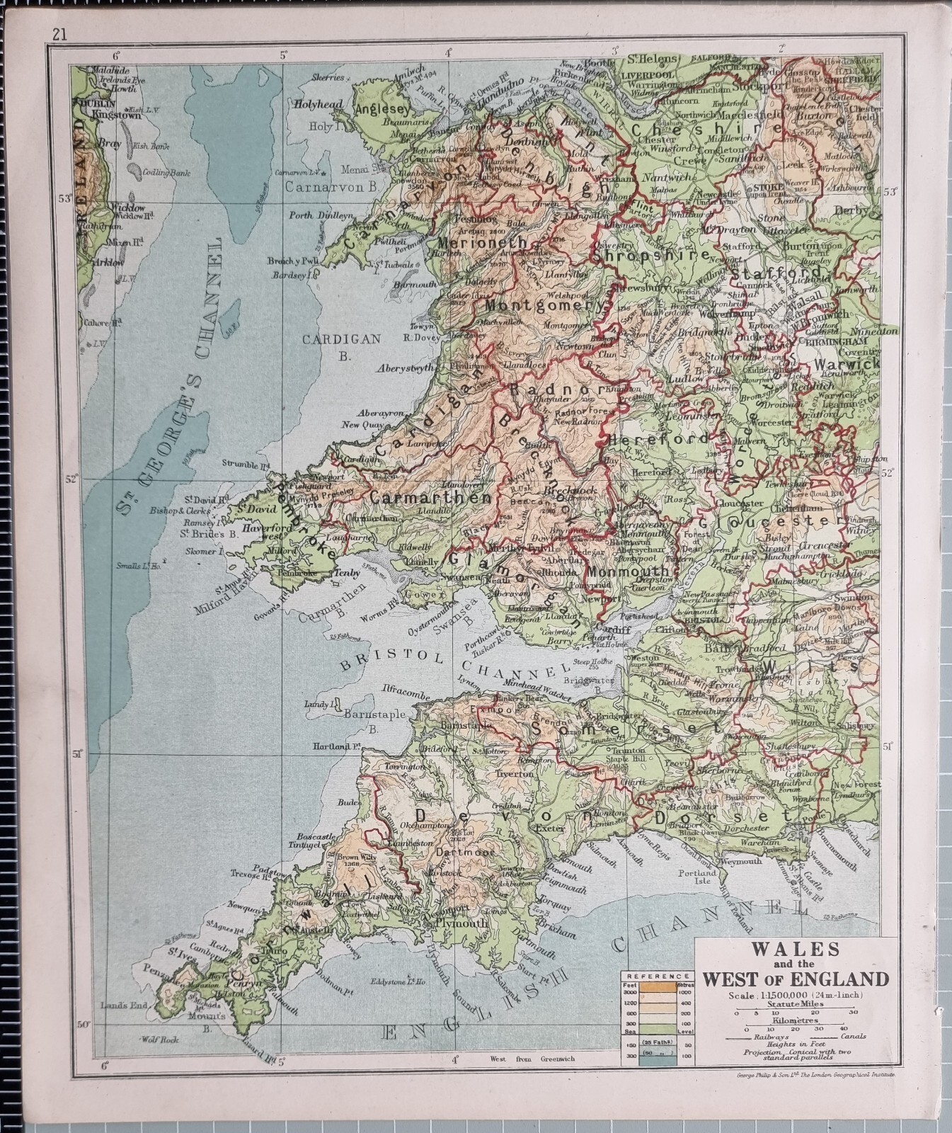 1921 Landkarte Wales Und Die West Von England Devon Somerset Carmarthen ...