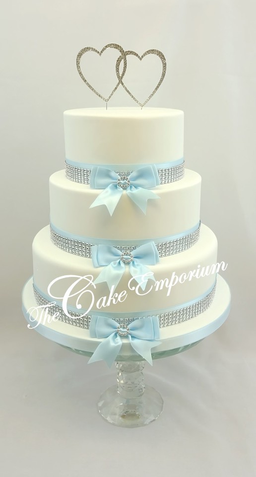 WEDDING CAKE DECORATION DIAMANTE BOWS BLUE RIBBON SILVER DIAMANTE TRIM ...