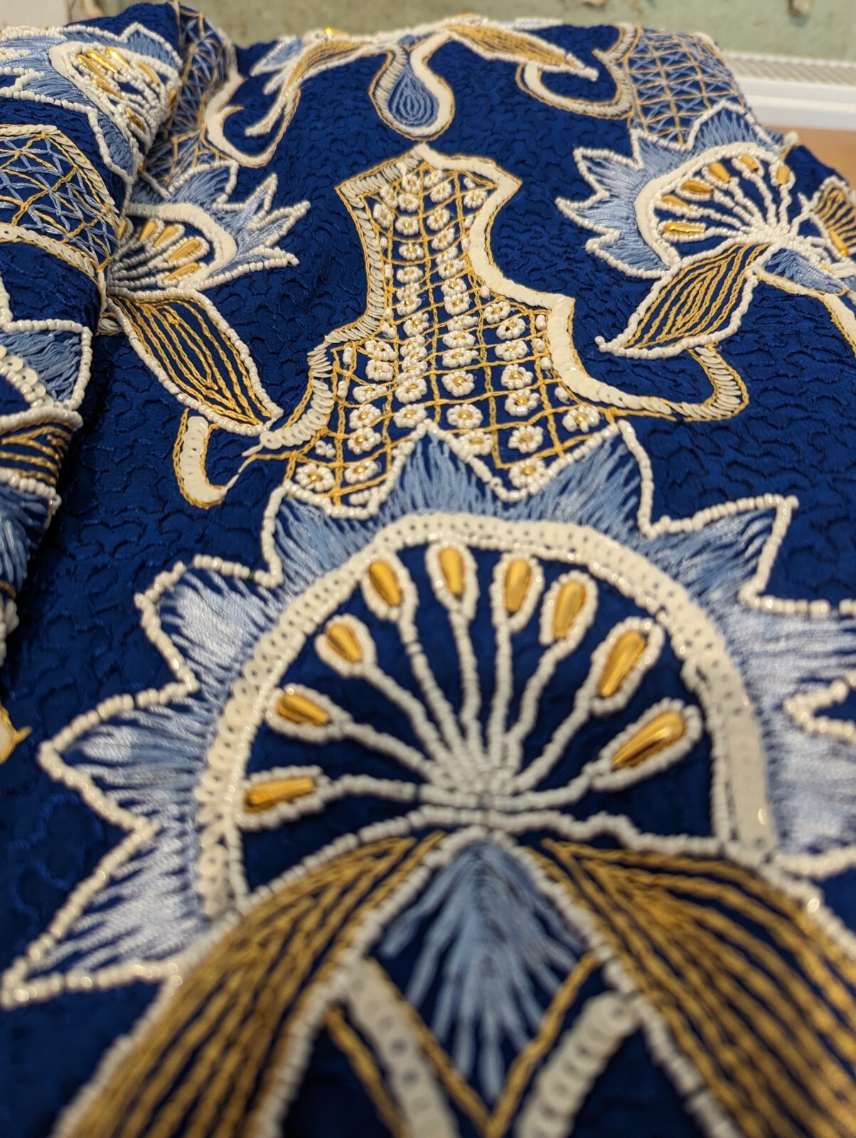 Beaded Material. African Traditional Wrapper. Blue with detailed ...