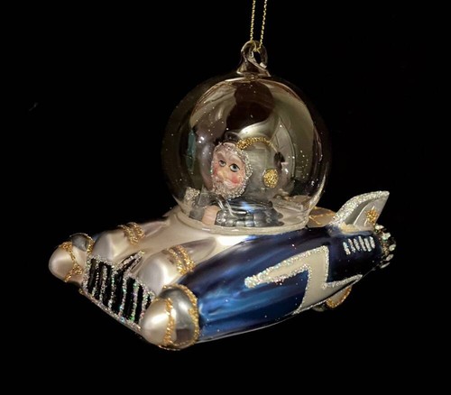 BLOWN GLASS SANTA IN ROCKET SHIP CHRISTMAS ORNAMENT~OUTER SPACE~SHUTTLE ...
