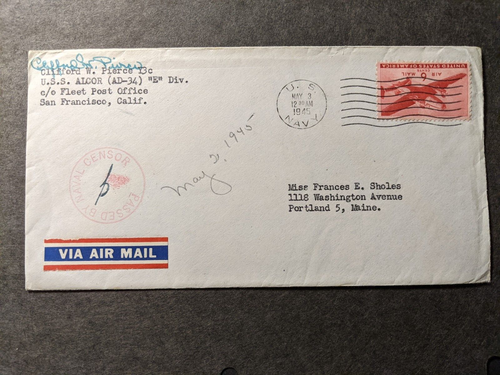 USS ALCOR AD-34 Naval Cover 1945 Censored WWII Sailor's Mail OAHU w ...