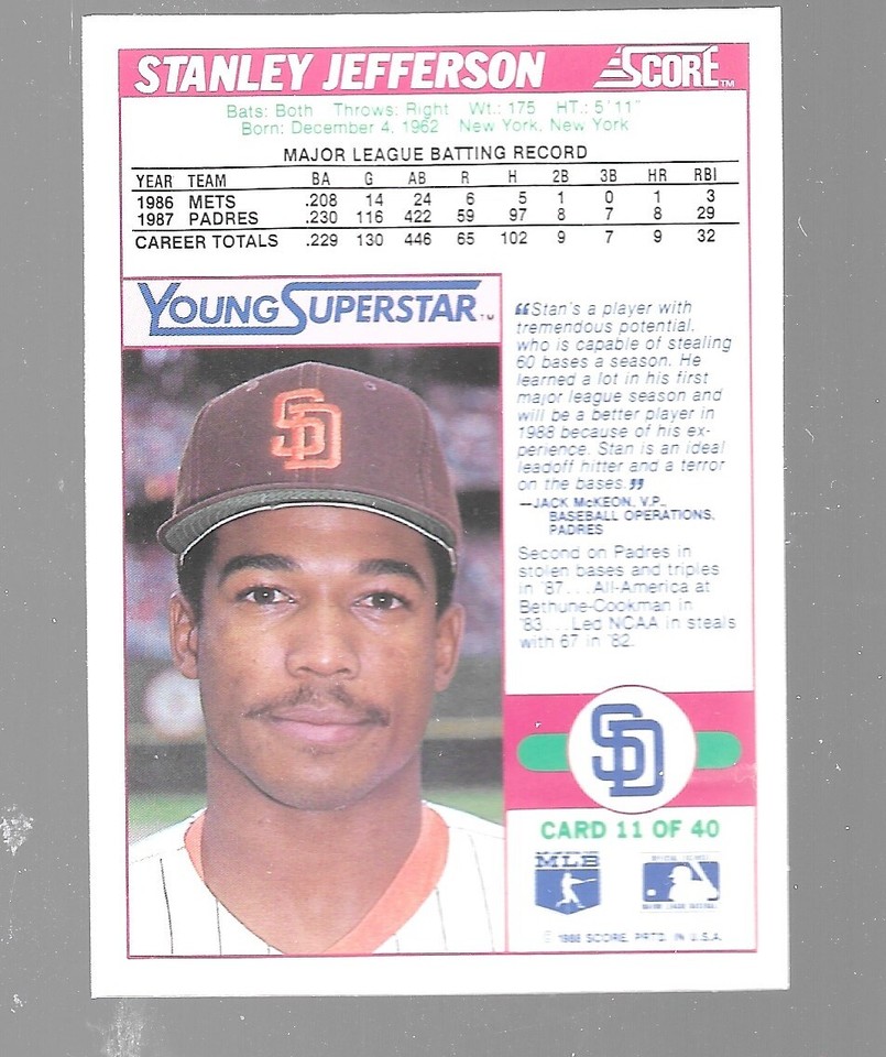 1988 Score Stanley Jefferson 11 Young Superstar San Diego Padres ...