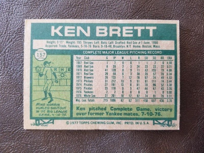 KEN BRETT 1977 TOPPS BASEBALL CARD #157 CHICAGO WHITE SOX COLOR TEST ...