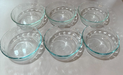 Set Of 6 Pyrex #464 10 oz Clear Blue Tinted Ramekins Custard Cups Prep ...