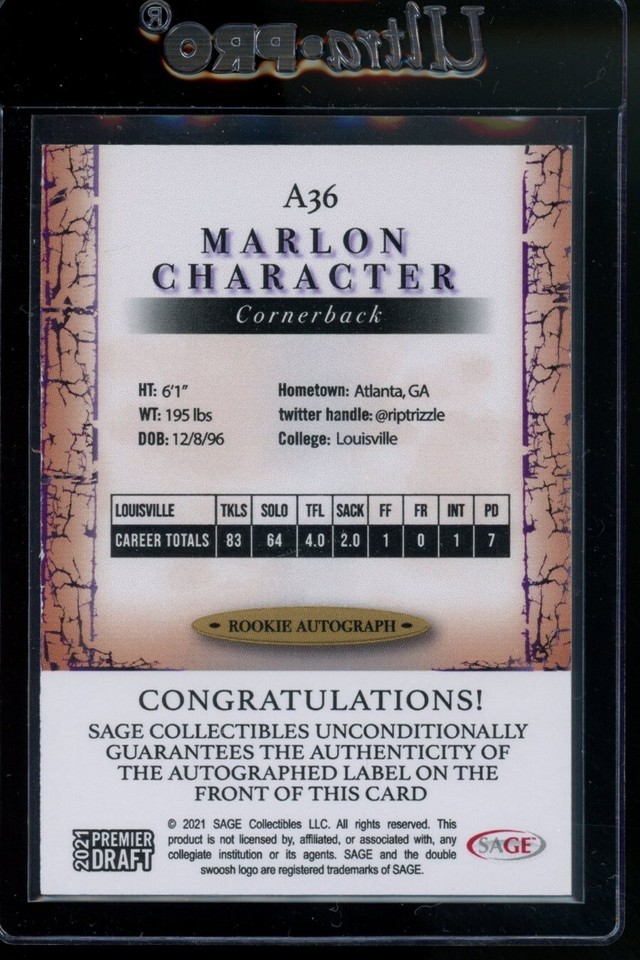 2021 Sage Premier Draft Marlon Character Autograph Rookie Auto RC #A36 ...