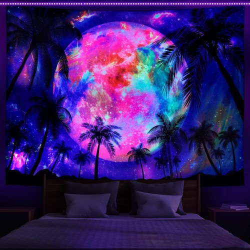 Blacklight Moon Tapestry UV Reactive Galaxy Space Nature Wall Hanging ...