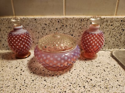 Fenton Cranberry Opalescent Glass Hobnail Dresser Set Puff Box 2 ...