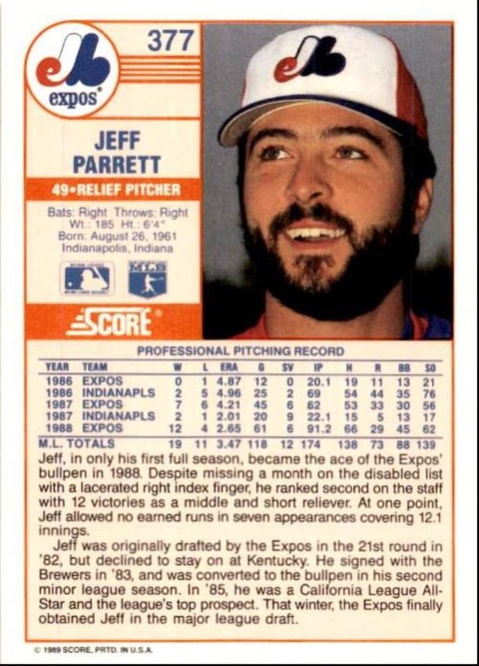1989 Score Baseball Card Jeff Parrett A Montreal Expos #377 | eBay