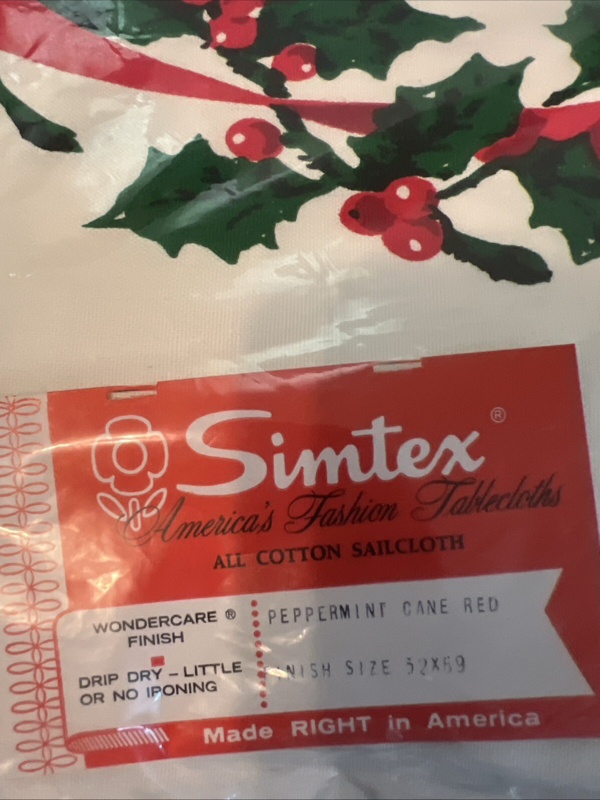 Vintage NEW Simtex Christmas Tablecloth Holly Candy Canes Ornaments ...