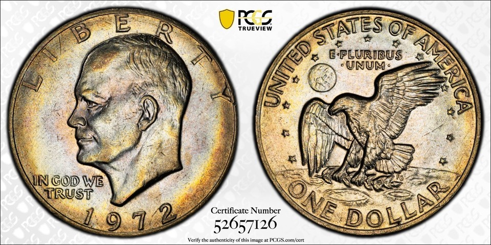 Eisenhower Dollar 1972 Type 2 PCGS AU58 - Full Rainbow Neon Toning Obv ...