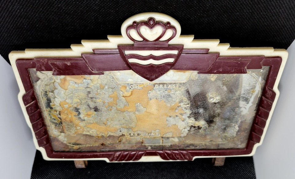 VINTAGE BAKELITE VISOR MIRROR Crown Hearts BURGUNDY WHITE Clip On ...