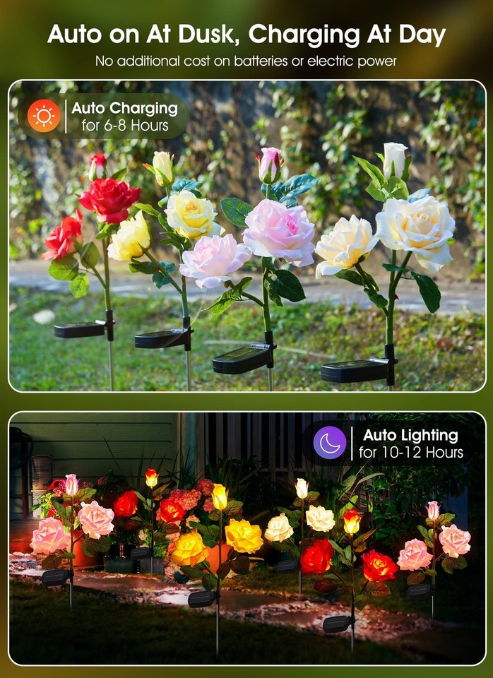 Garden 4 Pack LED Solar Flower Lights with Larger & More Realistic Rose ...