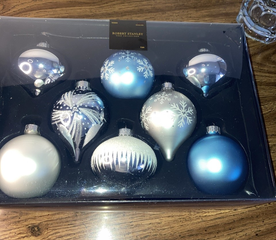 Glass Christmas Ornaments Robert Stanley Home Decor Silver Blue Box 8 ...