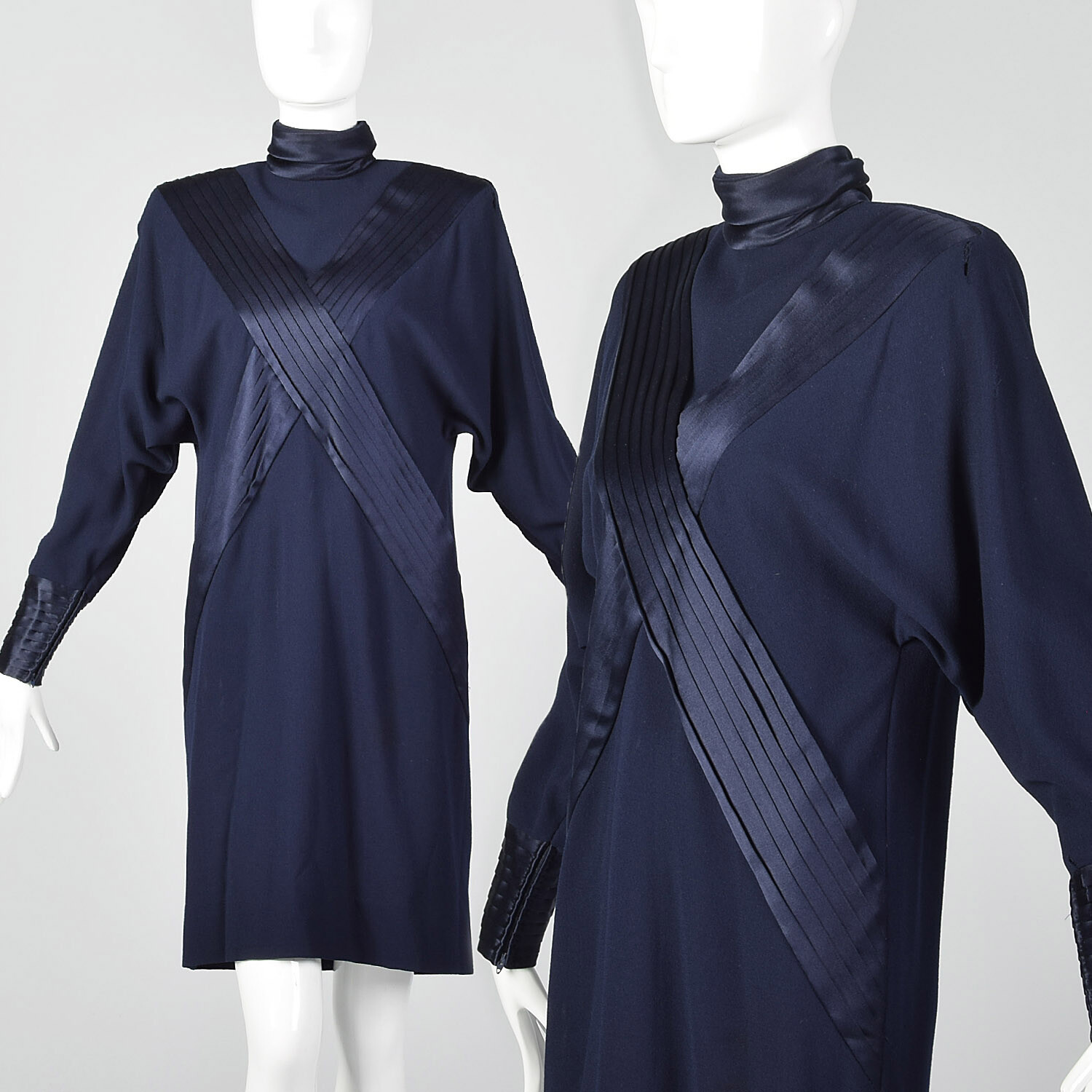 XS Galanos Navy Dress 1980s Power Shoulders Long Sleeve Crepe Satin ...