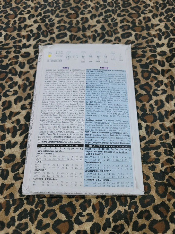 BUTTERICK Sewing Pattern 3263 PAJAMAS TOP SHORTS SLIP 6-10 UN-CUT (2034 ...