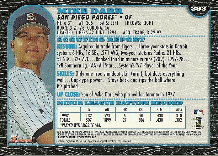1999 Bowman International Mike Darr 393 Padres | eBay